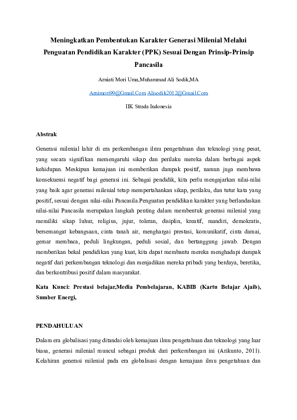 (DOC) Meningkatkan Pembentukan Karakter Generasi Milenial Melalui Penguatan Pendidikan Karakter ...
