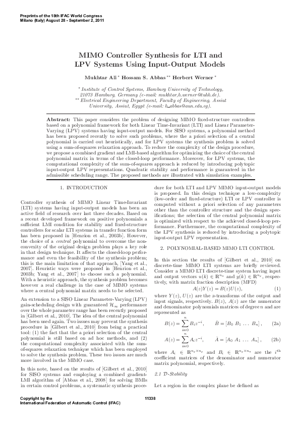 Pdf Mimo Controller Synthesis For Lti And Lpv Systems Using Input