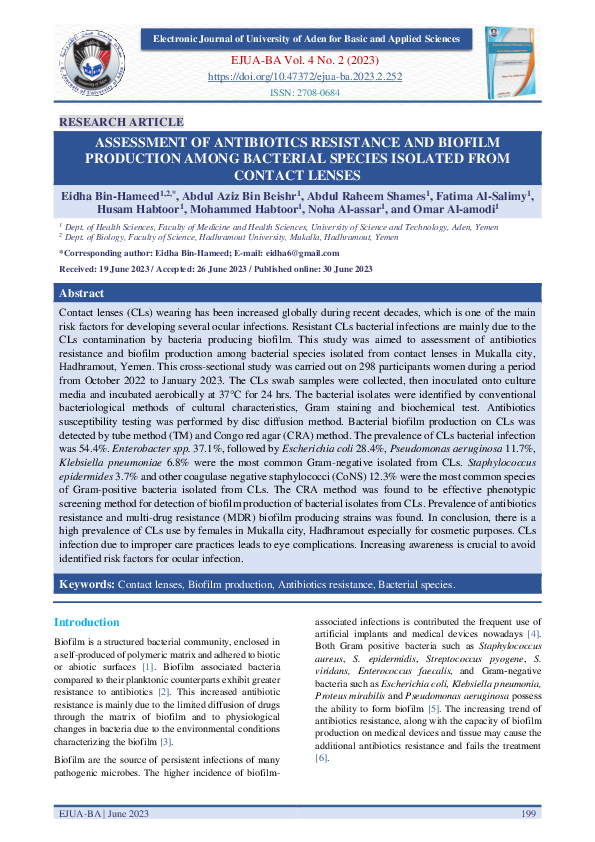 (PDF) Assessment of Antibiotics Resistance and Biofilm Production Among ...