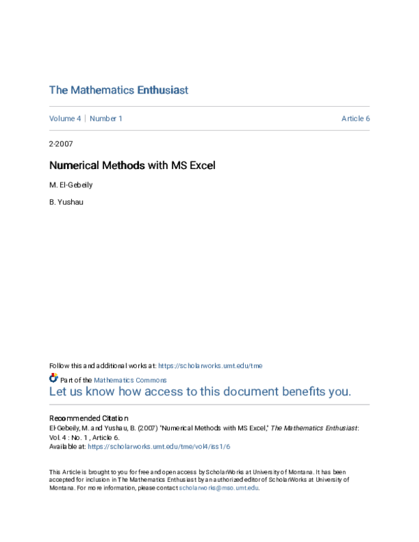 (PDF) Numerical Methods with MS Excel