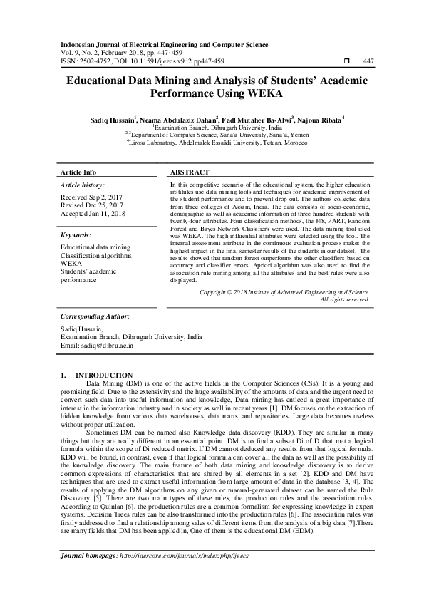 (PDF) Educational Data Mining and Analysis of Students’ Academic Performance Using WEKA