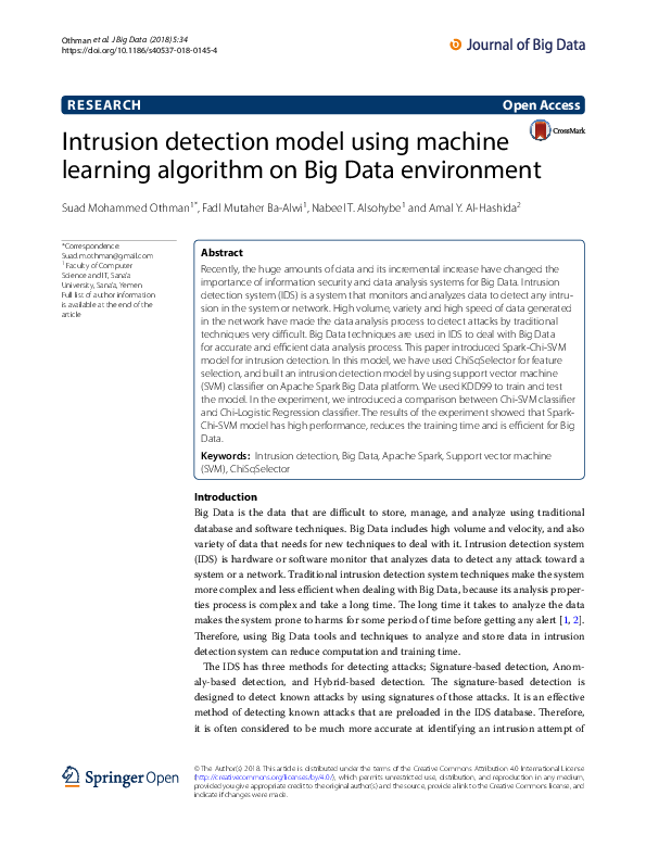 (PDF) Intrusion detection model using machine learning algorithm on Big Data environment