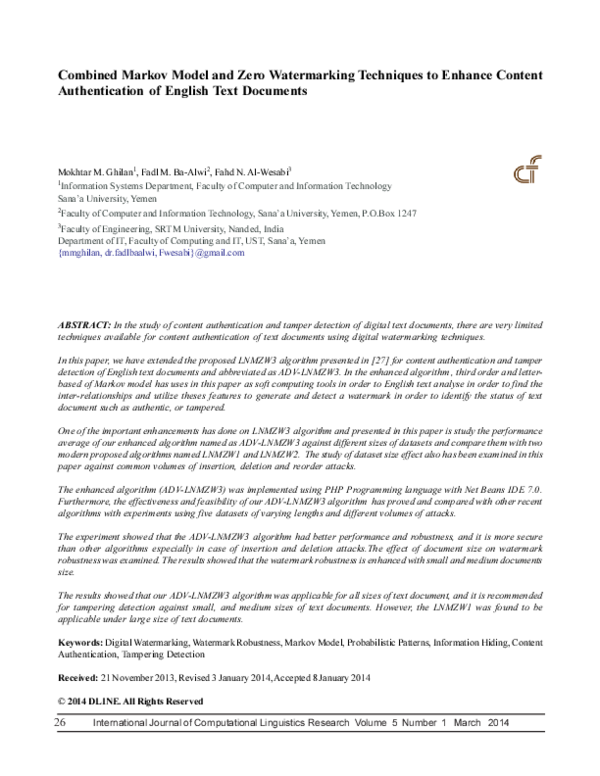Pdf Combined Markov Model And Zero Watermarking Techniques To Enhance Content Authentication