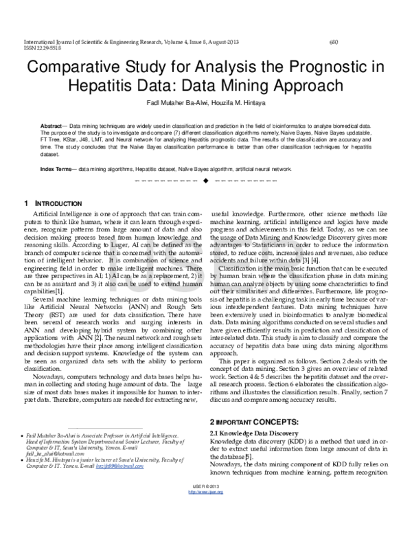 (PDF) Comparative Study for Analysis the Prognostic in Hepatitis Data : Data Mining Approach