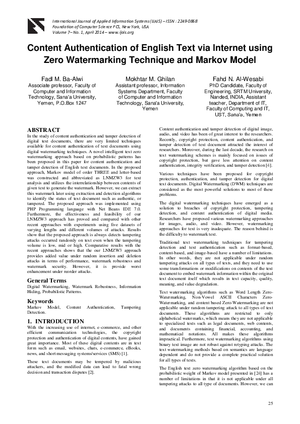(PDF) Content Authentication of English Text via Internet using Zero Watermarking Technique and ...