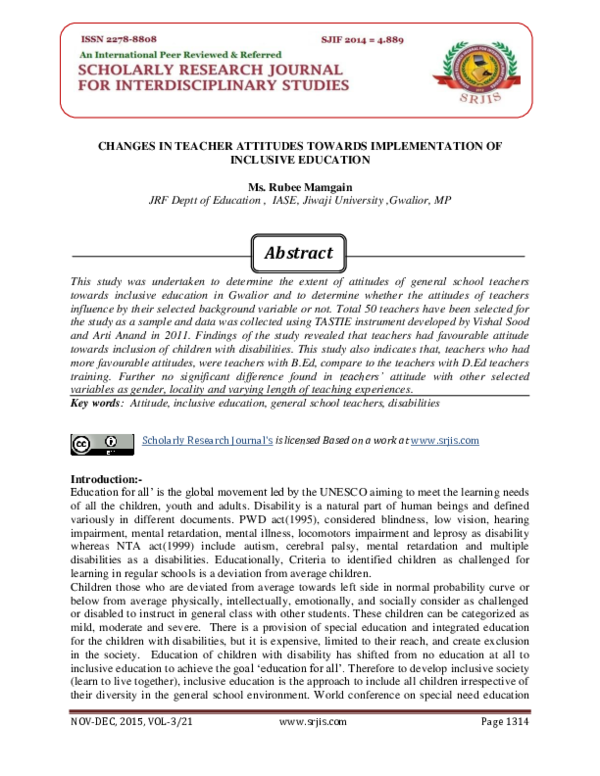 (PDF) CHANGES IN TEACHER ATTITUDES TOWARDS IMPLEMENTATION OF INCLUSIVE EDUCATION