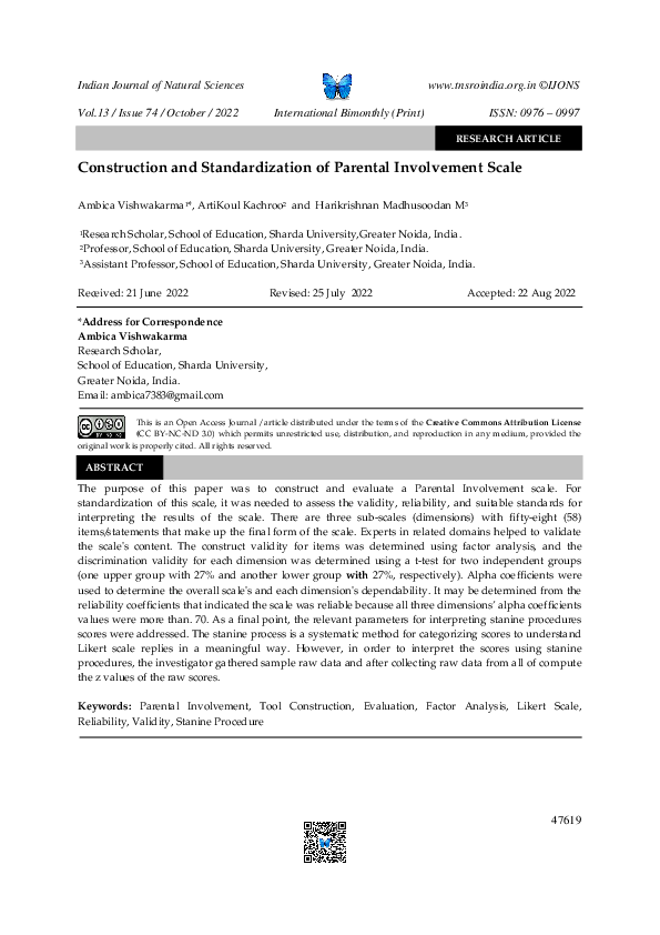 (PDF) Construction and Standardization of Parental Involvement Scale