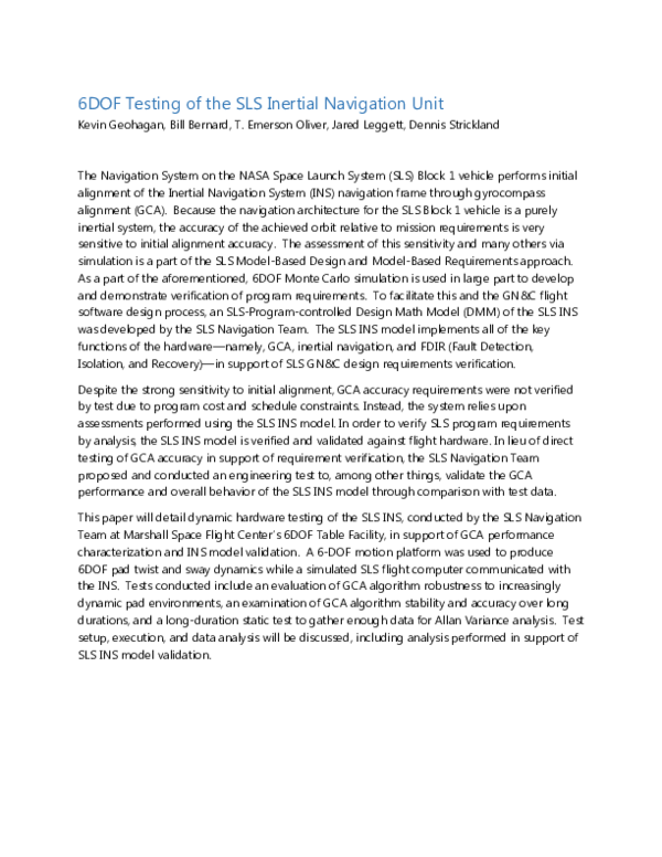 (PDF) 6DOF Testing of the SLS Inertial Navigation Unit