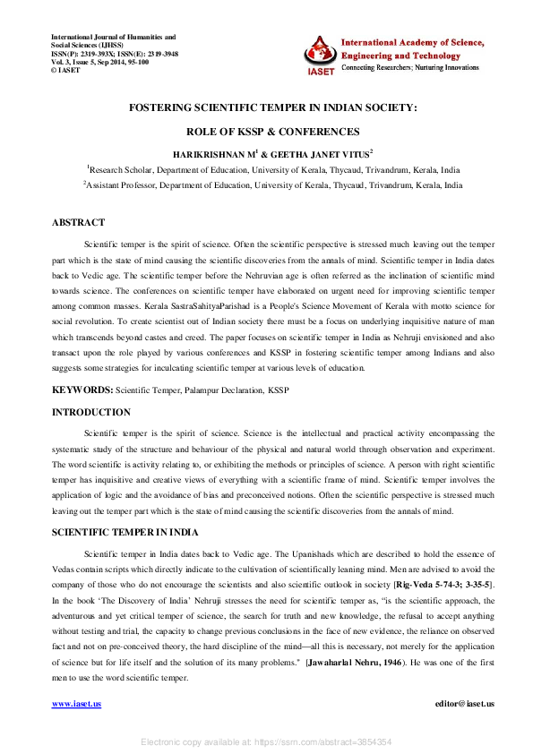 (PDF) FOSTERING SCIENTIFIC TEMPER IN INDIAN SOCIETY: ROLE OF KSSP ...