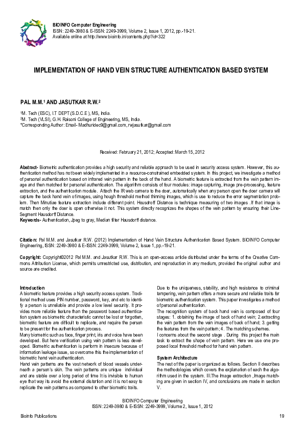 (PDF) Implementation of Hand Vein Structure Authentication Based System