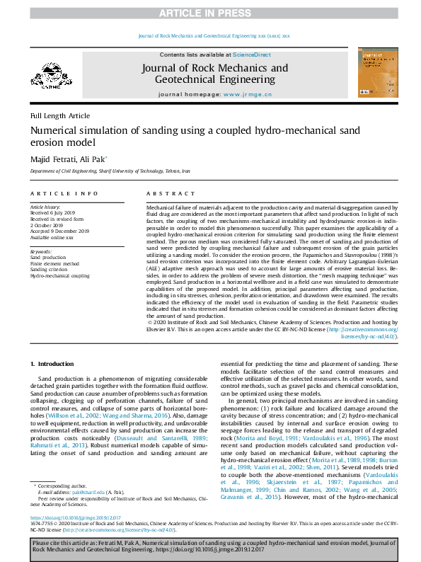 (PDF) Numerical simulation of sanding using a coupled hydro-mechanical sand erosion model | Ali ...