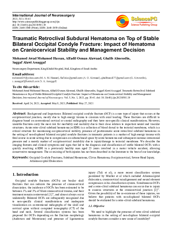 (PDF) Traumatic Retroclival Subdural Hematoma on Top of Stable ...