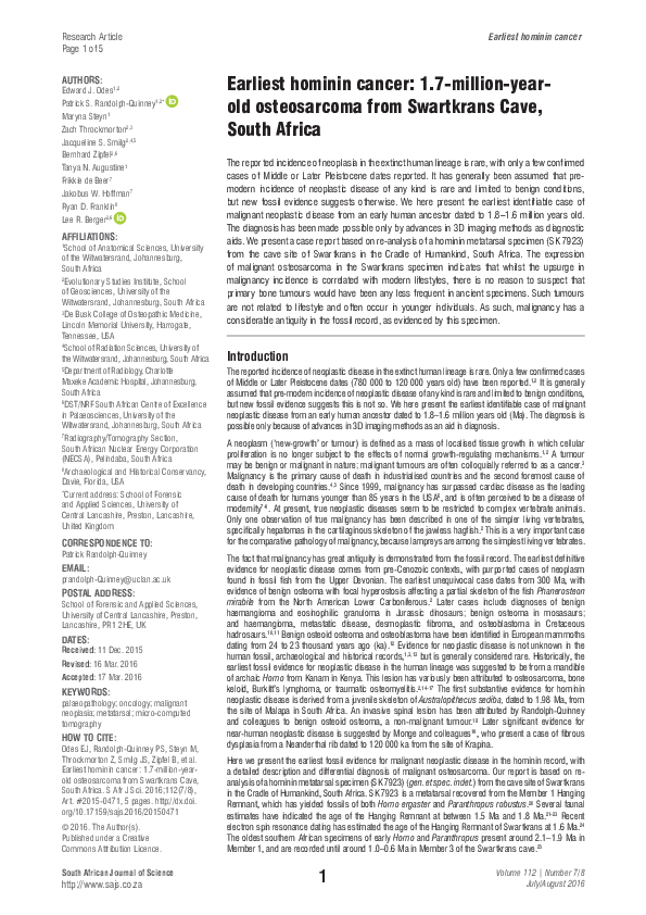 (PDF) Earliest hominin cancer: 1.7-million-year-old osteosarcoma from ...