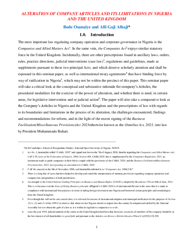(PDF) ALTERATION OF COMPANY ARTICLES AND ITS LIMITATIONS IN NIGERIA AND ...