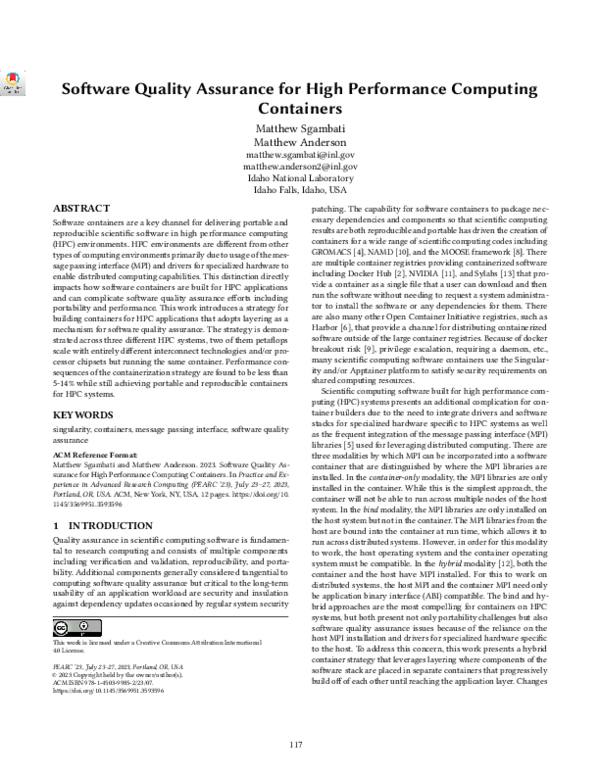 (PDF) Software Quality Assurance for High Performance Computing Containers | Matthew Sgambati ...