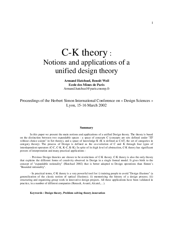 (PDF) C-K theory : Notions and applications of a unified design theory
