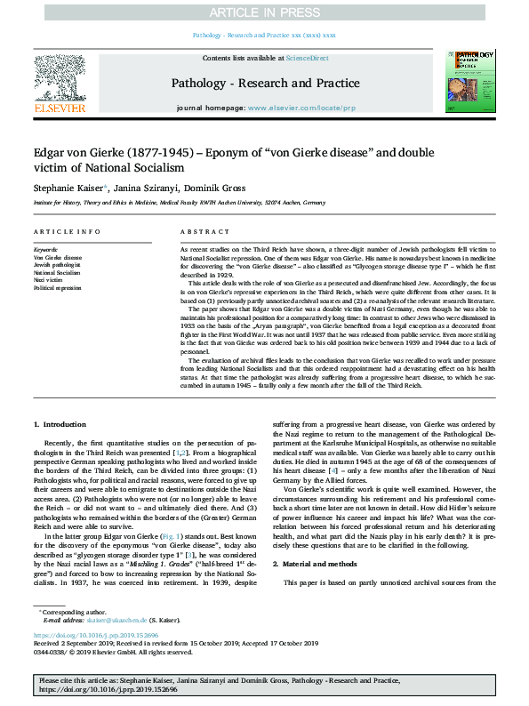 (PDF) Edgar von Gierke (1877-1945) – Eponym of “von Gierke disease” and ...