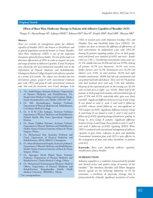 (PDF) Effects of Short Wave Diathermy Therapy in Patients with Adhesive ...