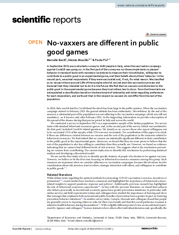 (PDF) No-vaxxers are different in public good games