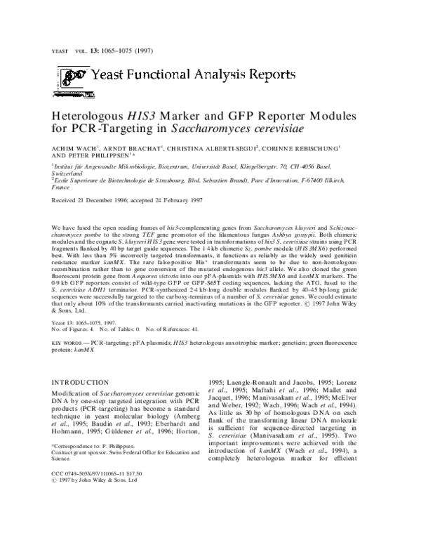 (PDF) Heterologous HIS3 Marker and GFP Reporter Modules for PCR‐Targeting in Saccharomyces ...