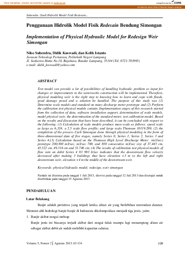 (PDF) Penggunaan Hidrolik Model Fisik Redesain Bendung Simongan
