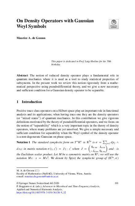 (PDF) On Density Operators with Gaussian Weyl Symbols