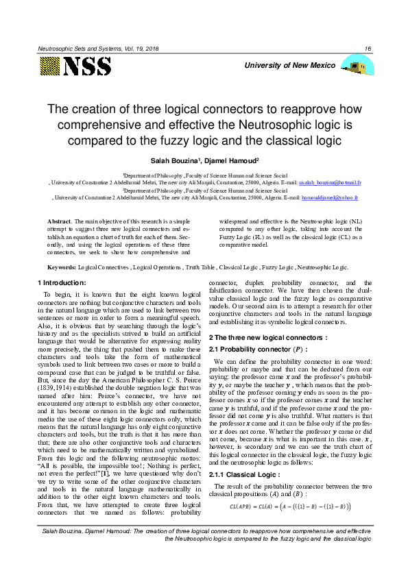 Pdf The Creation Of Three Logical Connectors To Reapprove How