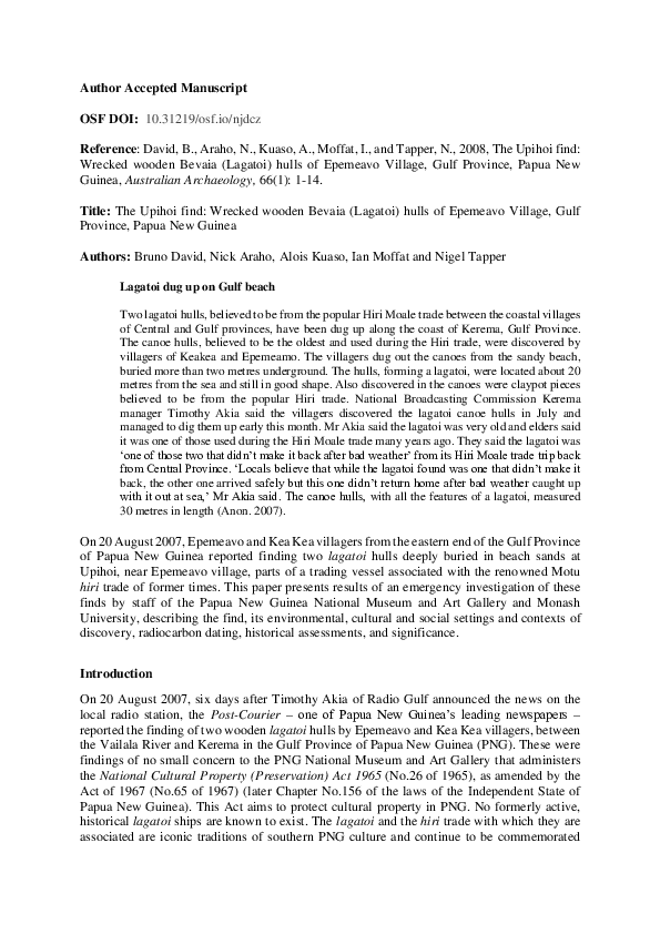 (PDF) The Upihoi Find: Wrecked Wooden Bevaia ( Lagatoi ) Hulls of ...