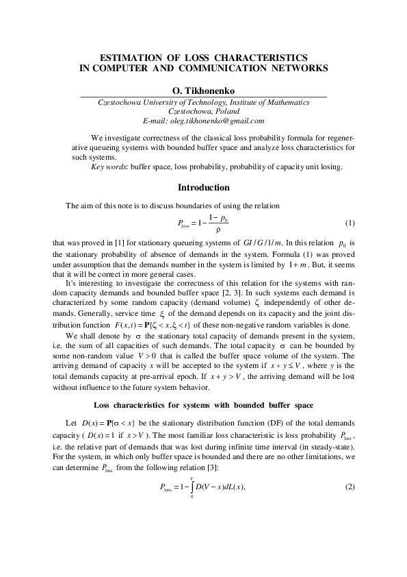 (PDF) Estimation Of Loss Characteristics In Computer And Communication ...