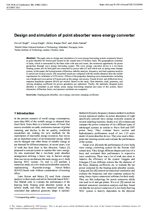 (PDF) Design and simulation of point absorber wave energy converter | Devesh Singh - Academia.edu
