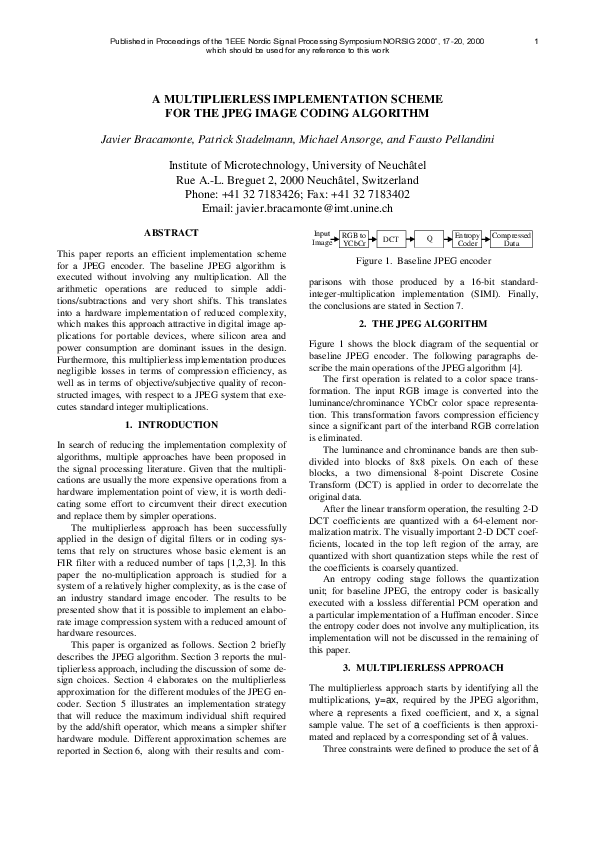 Pdf A Multiplierless Implementation Scheme For The Jpeg Image Coding Algorithm Fausto