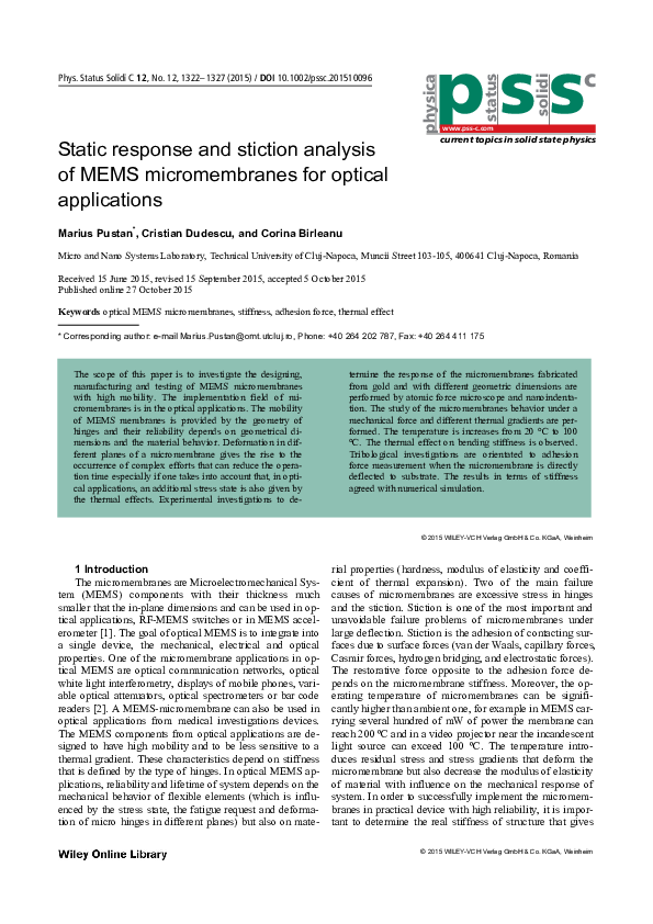 (PDF) Static response and stiction analysis of MEMS micromembranes for optical applications