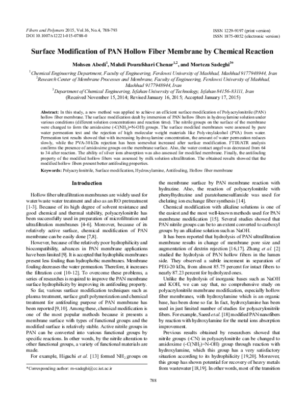 (PDF) Surface modification of PAN hollow fiber membrane by chemical ...