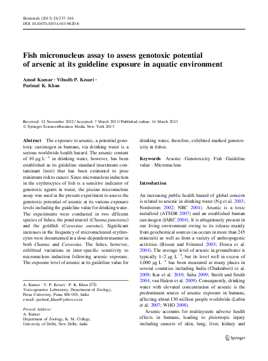 (PDF) Fish micronucleus assay to assess genotoxic potential of arsenic ...