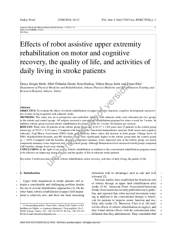 (PDF) Effects of robot assistive upper extremity rehabilitation on motor and cognitive recovery ...