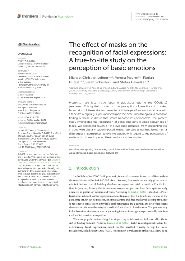 (PDF) The effect of masks on the recognition of facial expressions: A ...