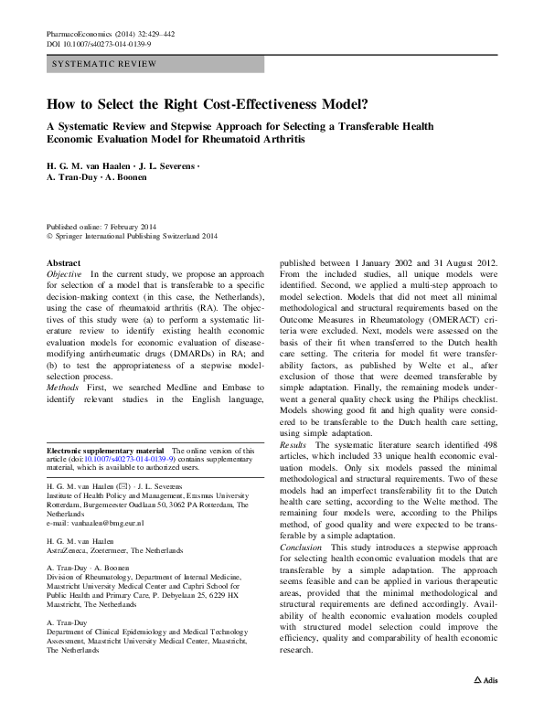 (PDF) How to Select the Right Cost-Effectiveness Model?