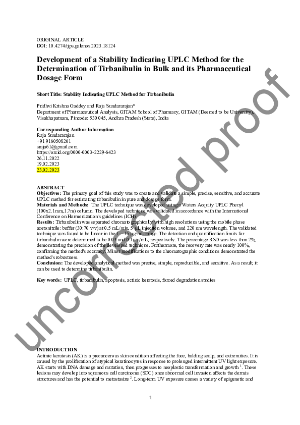 (PDF) Development of a Stability Indicating UPLC Method for the Determination of Tirbanibulin in ...