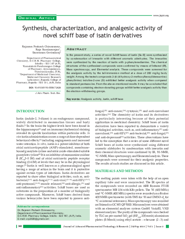 (PDF) Synthesis, characterization, and analgesic activity of novel schiff base of isatin ...