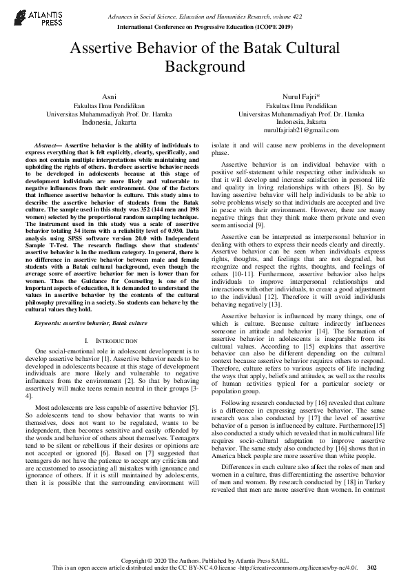 (PDF) Assertive Behavior of the Batak Cultural Background