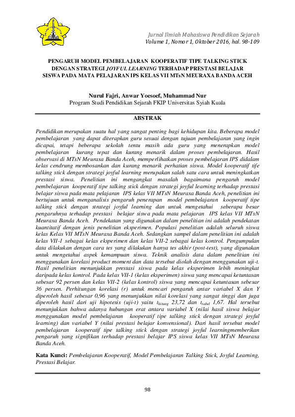 (PDF) PENGARUH MODEL PEMBELAJARAN KOOPERATIF TIPE TALKING STICK DENGAN STRATEGI JOYFUL LEARNING ...