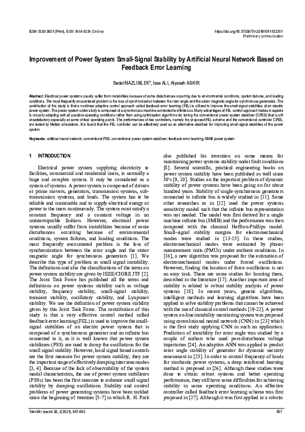 (PDF) Improvement of Power System Small-Signal Stability by Artificial Neural Network Based on ...