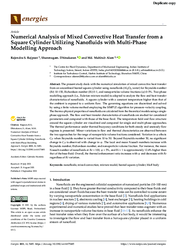 (PDF) Numerical analysis of mixed convective heat transfer from a square cylinder utilizing ...