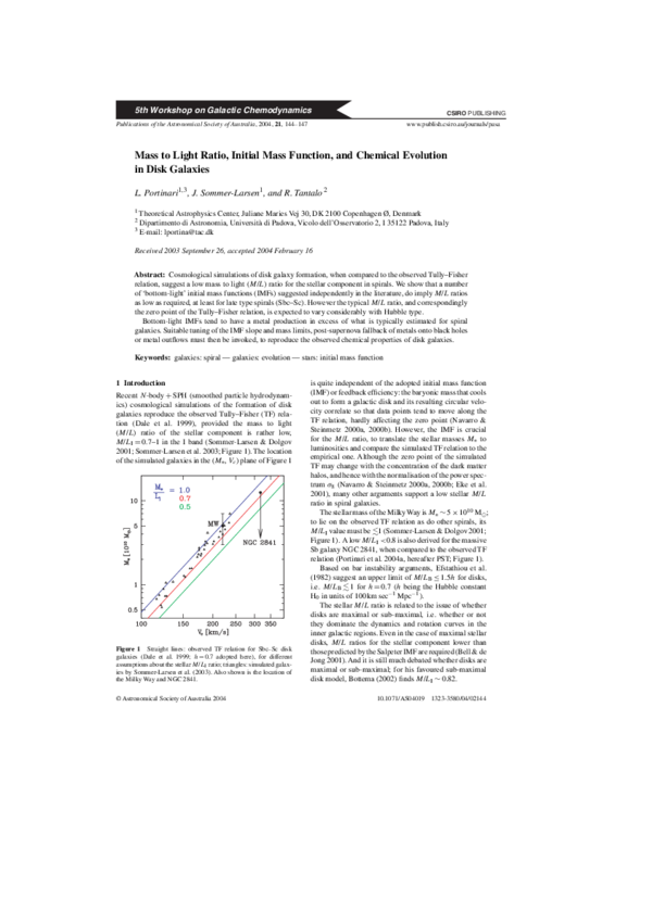 (PDF) Mass to Light Ratio, Initial Mass Function, and Chemical ...