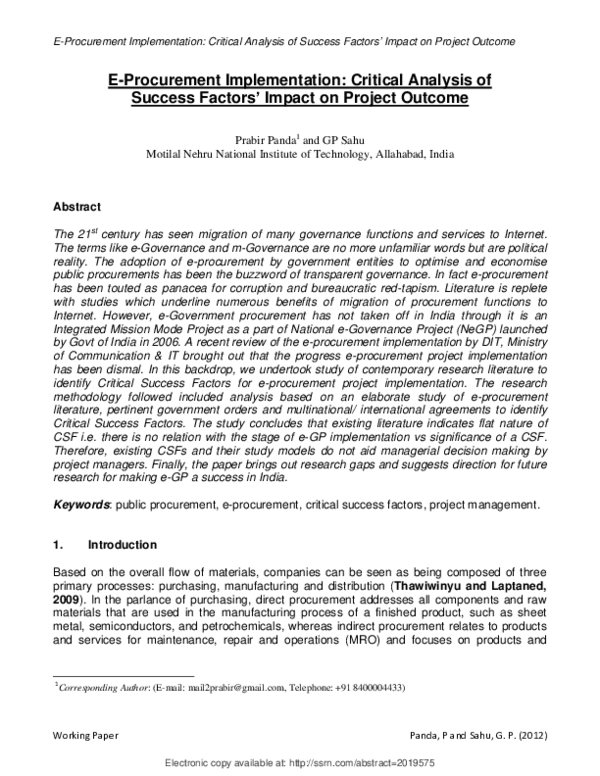 (PDF) e-Procurement Implementation: Critical Analysis of the Impact of Success Factors on ...