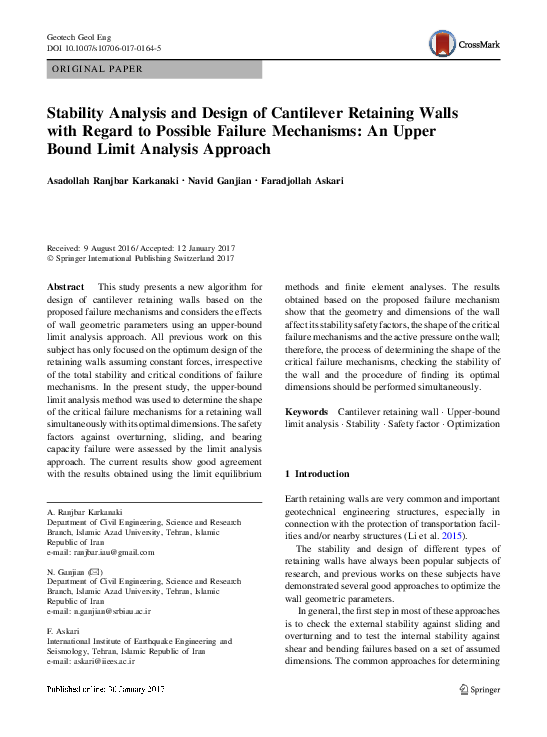 (PDF) Stability Analysis and Design of Cantilever Retaining Walls with Regard to Possible ...