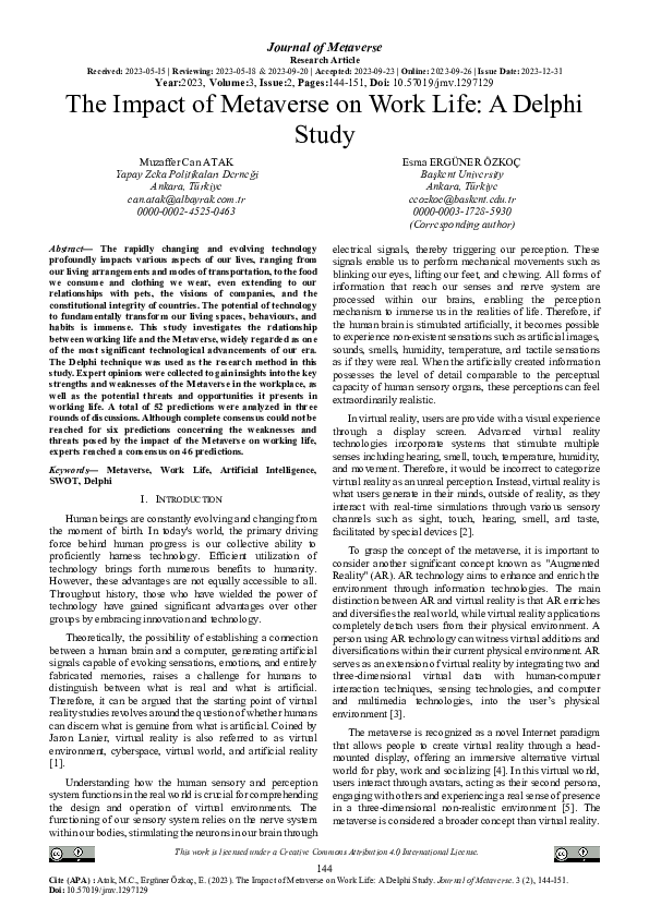 (PDF) The Impact of Metaverse on Work Life: A Delphi Study