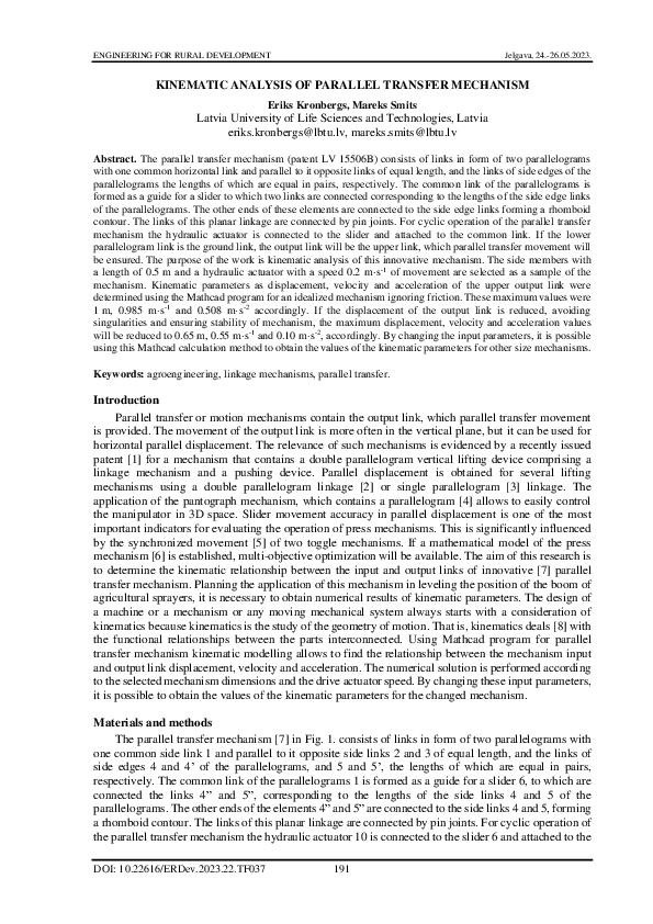 (PDF) Kinematic analysis of parallel transfer mechanism