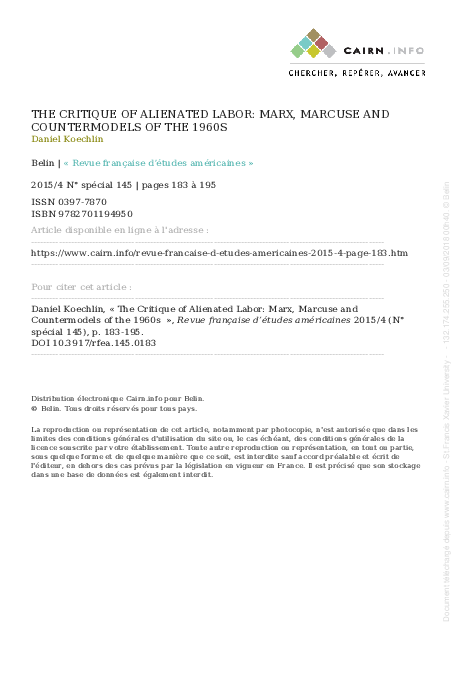 (PDF) The Critique of Alienated Labor: Marx, Marcuse and Countermodels ...