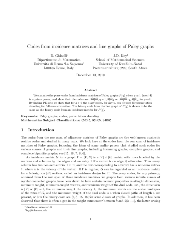 (PDF) Codes from incidence matrices and line graphs of Paley graphs